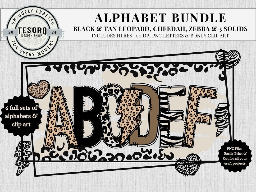 Animal Print Doodle Alphabet Bundle PNG Leopard Cheetah Zebra Letters ...