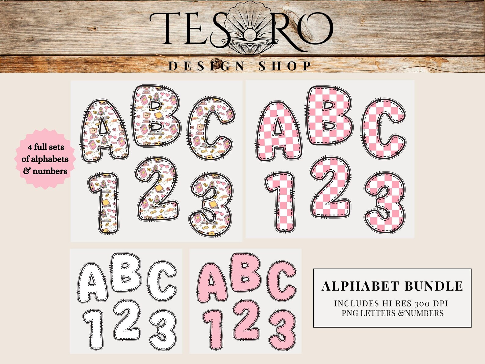 Alphabet Bundle Doodle PNG Pink Checker Retro Letters School Teacher ...