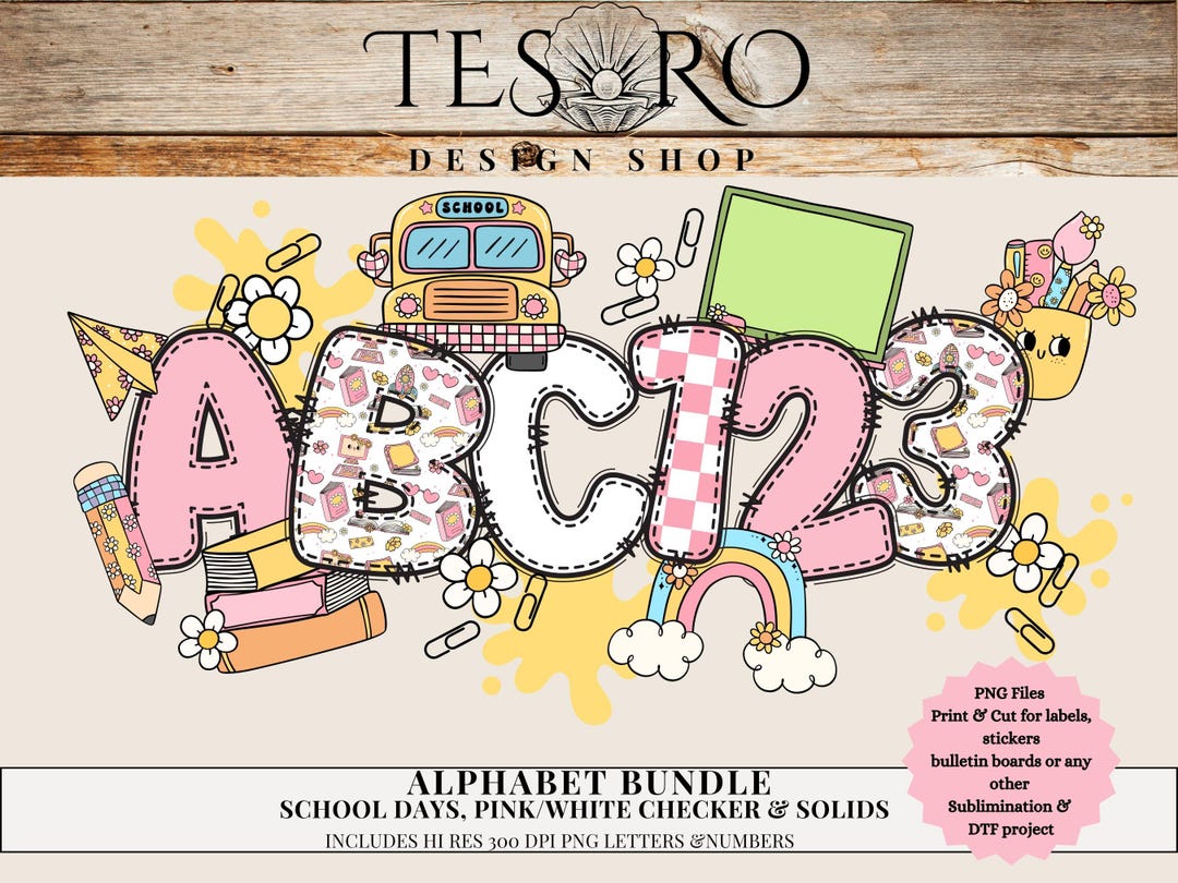 Alphabet Bundle Doodle PNG Pink Checker Retro Letters School Teacher ...