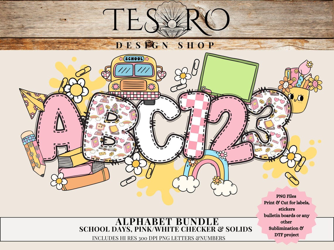 Alphabet Bundle Doodle PNG Pink Checker Retro Letters School Teacher ...