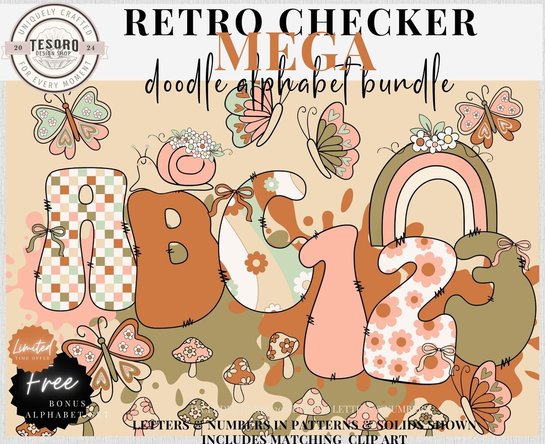 Retro Boho Checker Doodle Alphabet PNG |groovy 70s Retro Clipart Floral ...