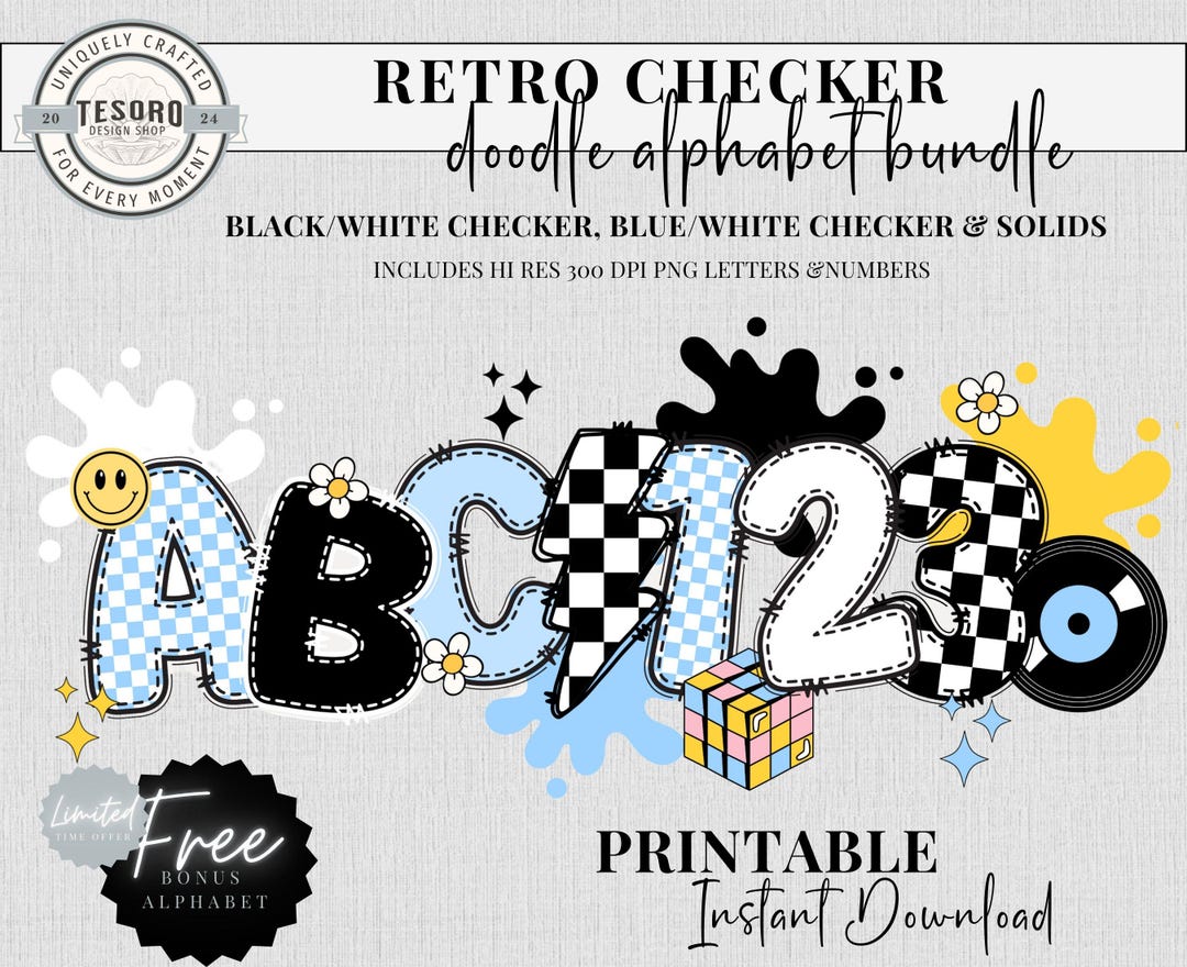 Checker Alphabet Bundle Doodle PNG | Blue Checker Retro Letters School ...