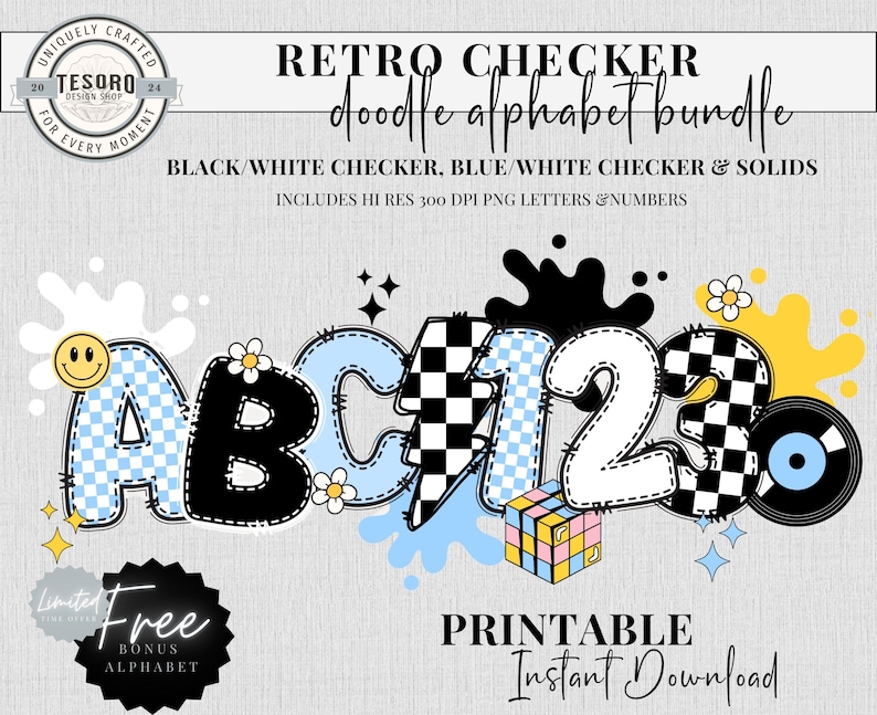 Checker Alphabet Bundle Doodle PNG | Blue Checker Retro Letters School ...