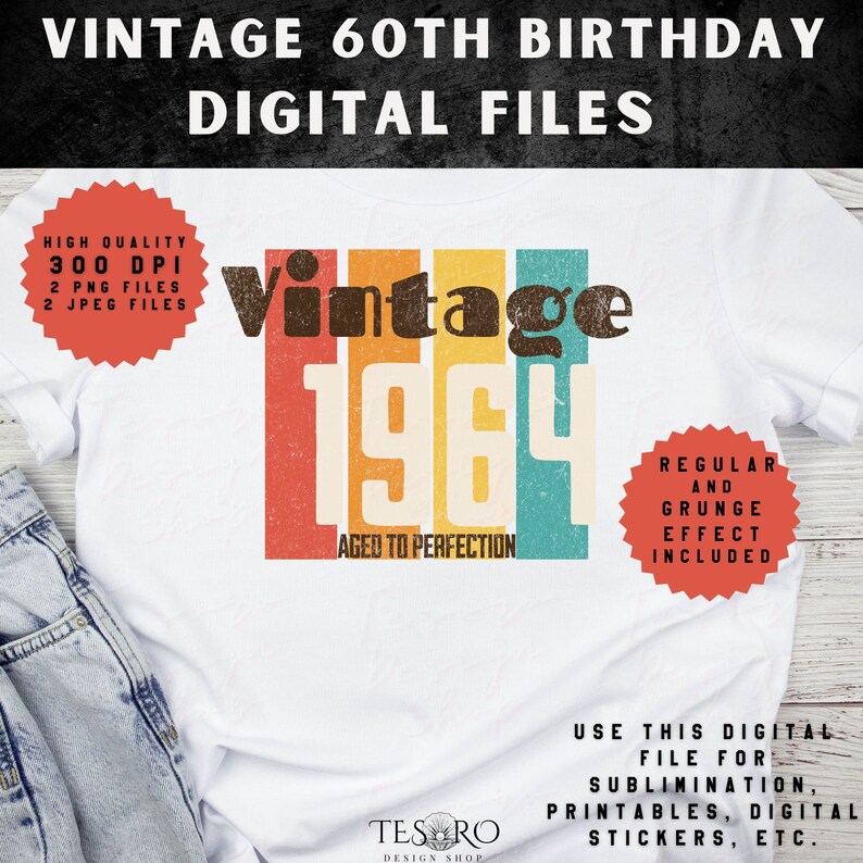 60th Birthday 1964 Vintage PNG Digital File Sixieth Bday Instant ...