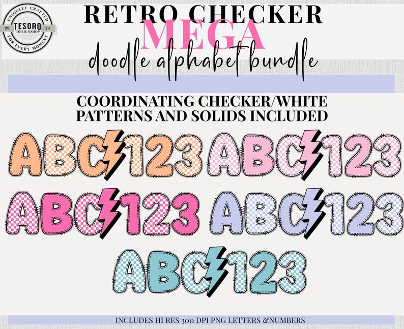 Checker Doodle Alphabet Bundle |pastel Checker & Daisy Letters |retro ...