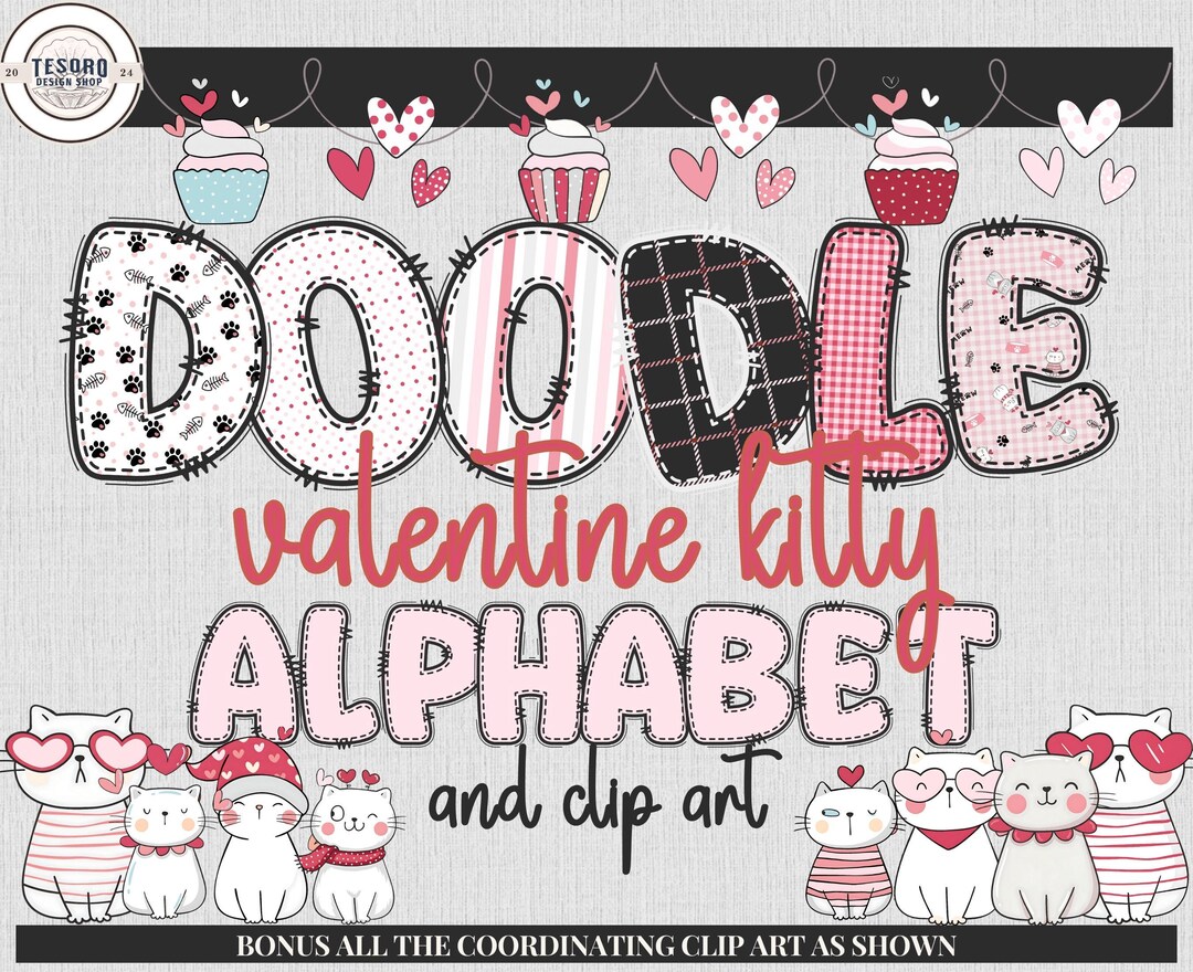 Valentine Cat Doodle Alphabet Bundle PNG |february Kitty Bulletin Board ...