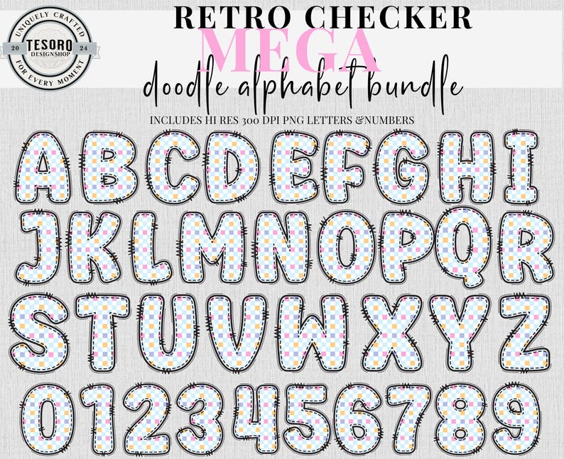 Checker Doodle Alphabet Retro Clipart PNG |checkerboard Doodle Alpha ...