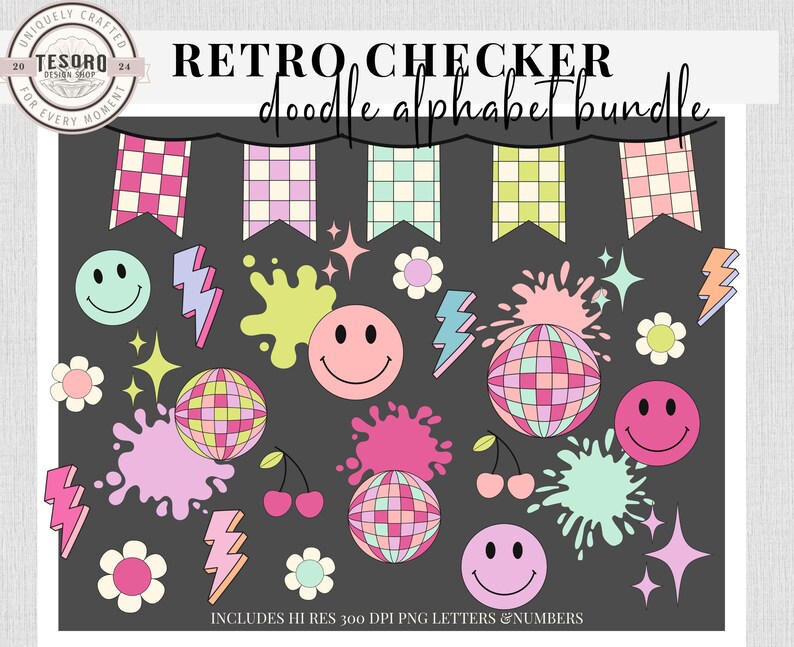 Disco Checker Cherry Retro Doodle Alphabet PNG Font |letter and Clipart ...