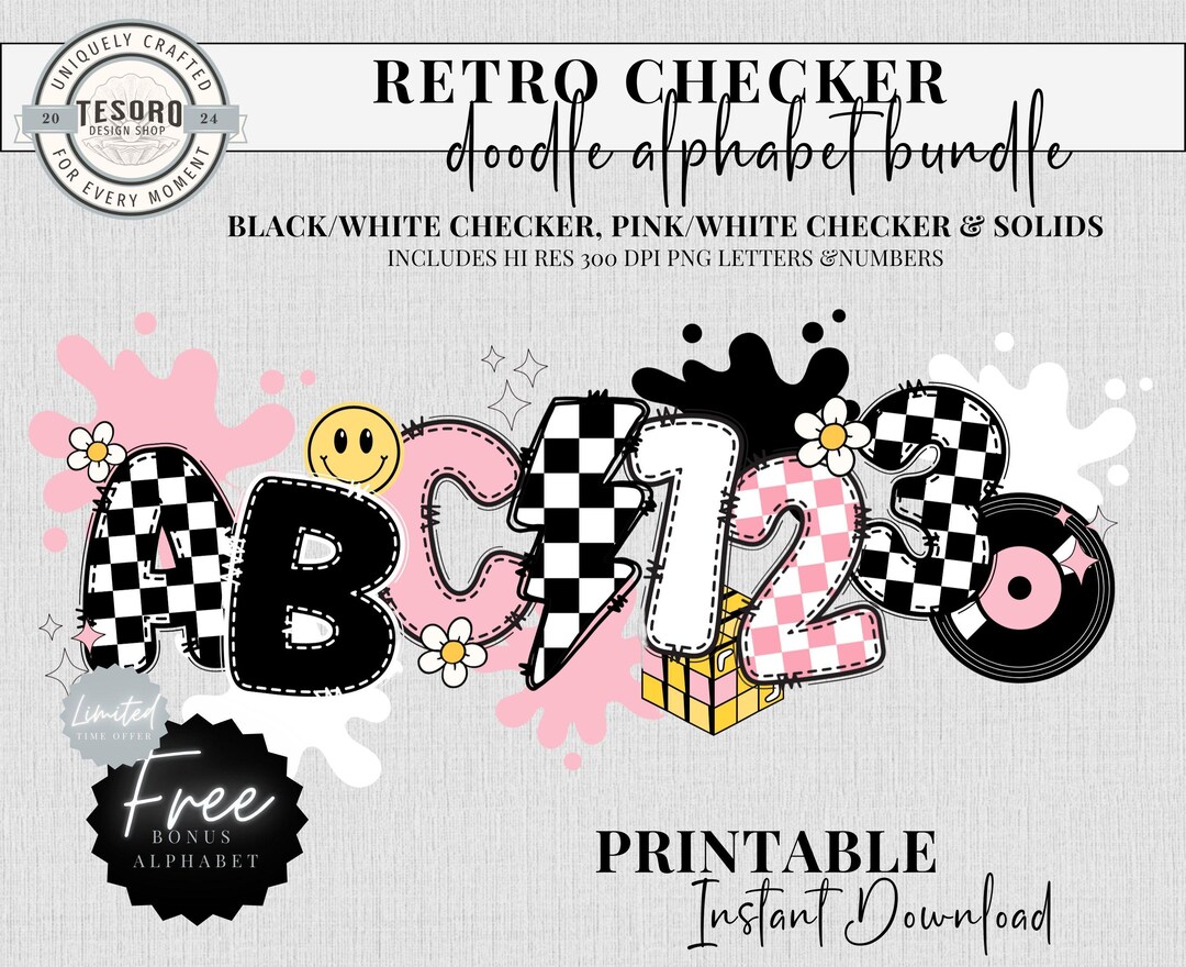 Checker Alphabet Bundle Doodle PNG | Pink Checker Retro Letters School ...