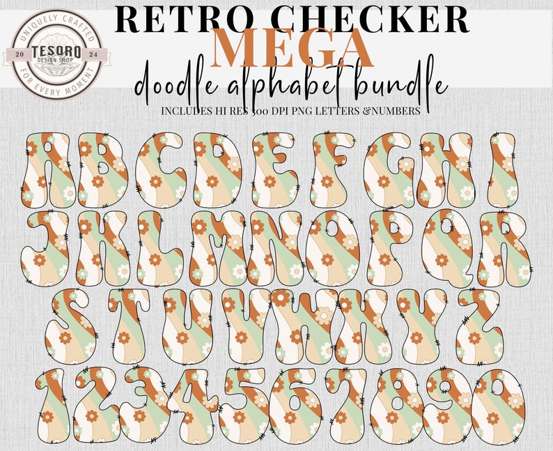 Retro Boho Checker Doodle Alphabet PNG |groovy 70s Retro Clipart Floral ...