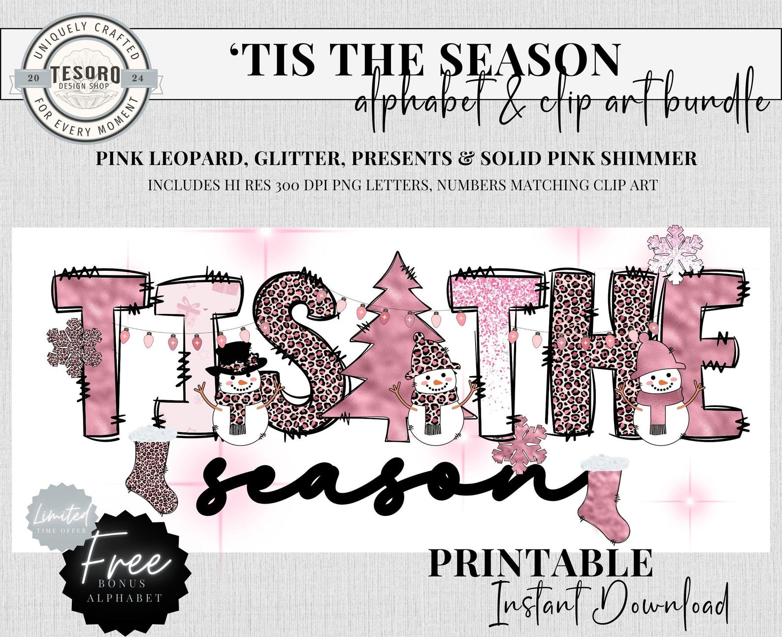 Christmas Doodle Alphabet Bundle PNG Pink Leopard Glitter Letter Set ...