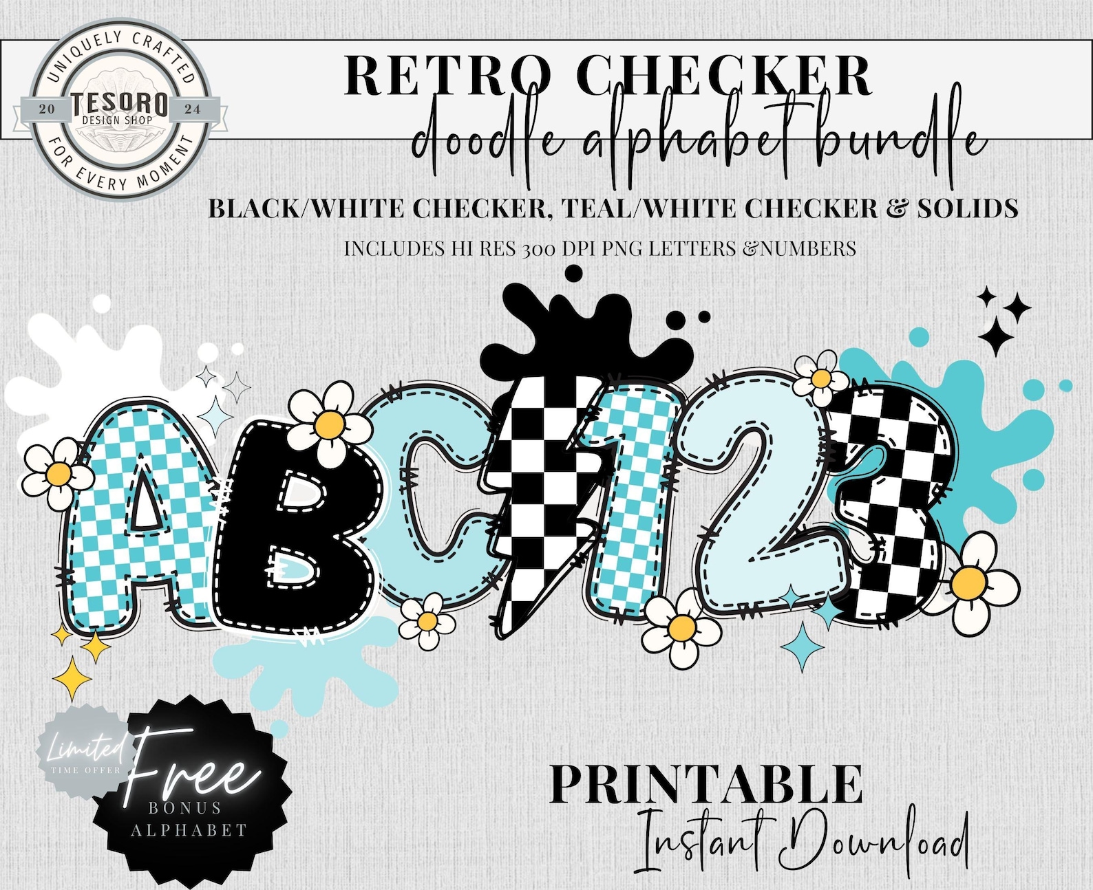 Checker Alphabet Bundle Doodle PNG | Blue Checker Retro Letters School ...