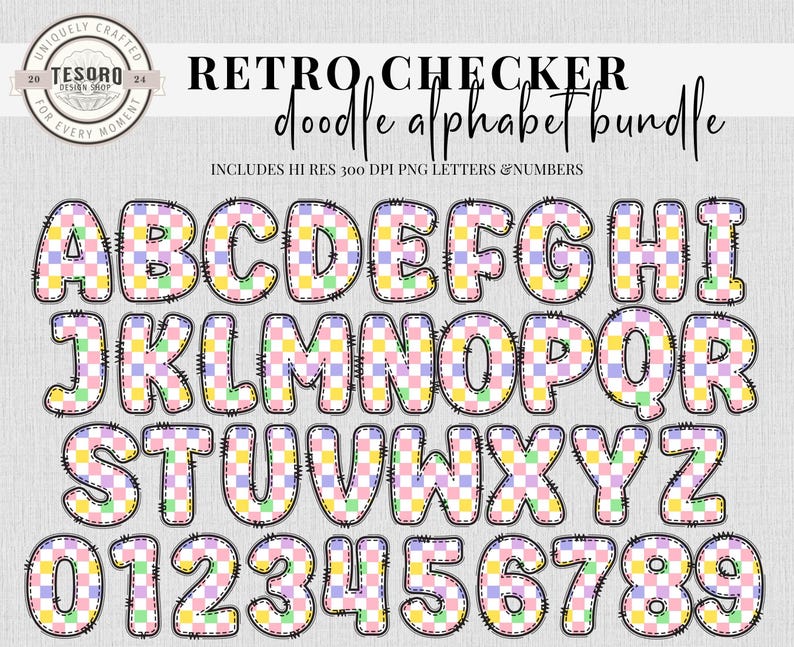 Checker Doodle Alphabet Bundle PNG | Pastel Pink Checker & Daisy ...