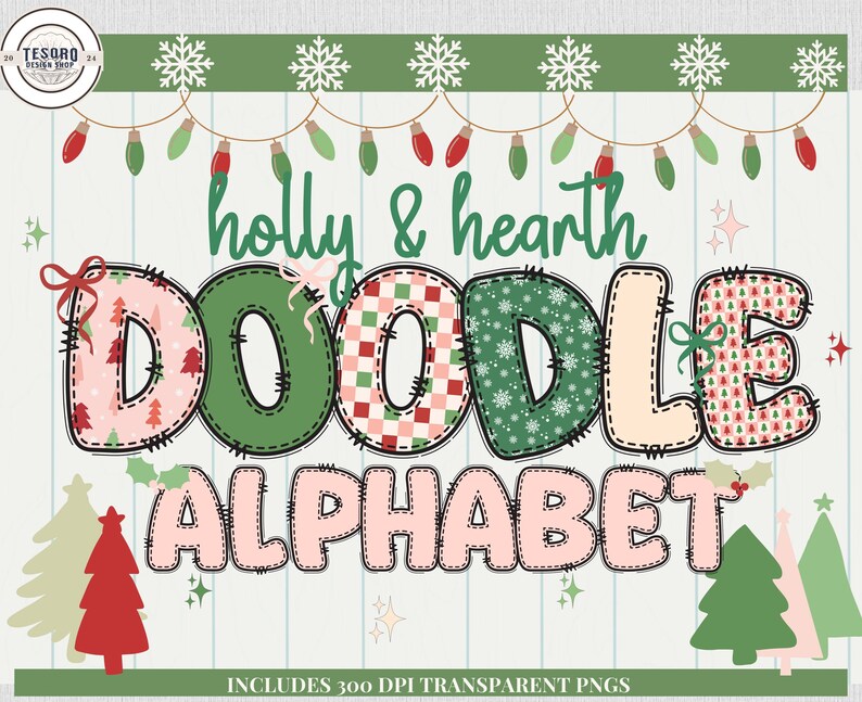 Pink Green Christmas Alphabet Doodle PNG Letters | Holiday Clip Art ...