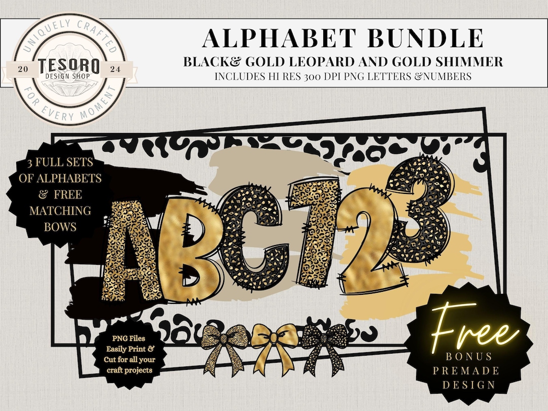 Leopard Doodle Alphabet Bundle PNG | Black and Gold Alpha Doodle ...