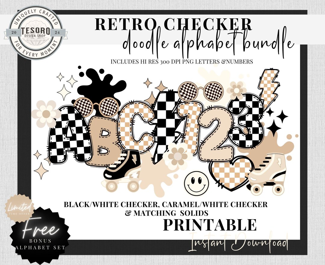 Checker Alphabet Bundle Doodle PNG Black Tan| Caramel Checker Retro ...