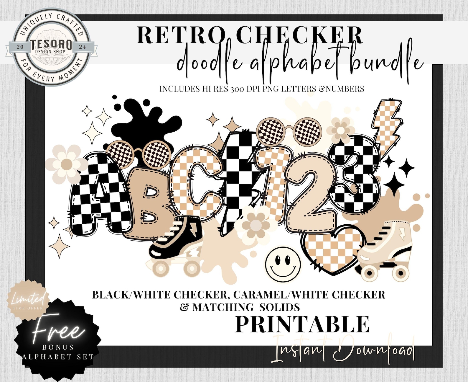 Checker Alphabet Bundle Doodle PNG Black Tan| Caramel Checker Retro ...