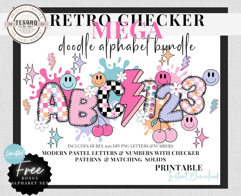 Checker Doodle Alphabet Bundle |pastel Checker & Daisy Letters |retro ...