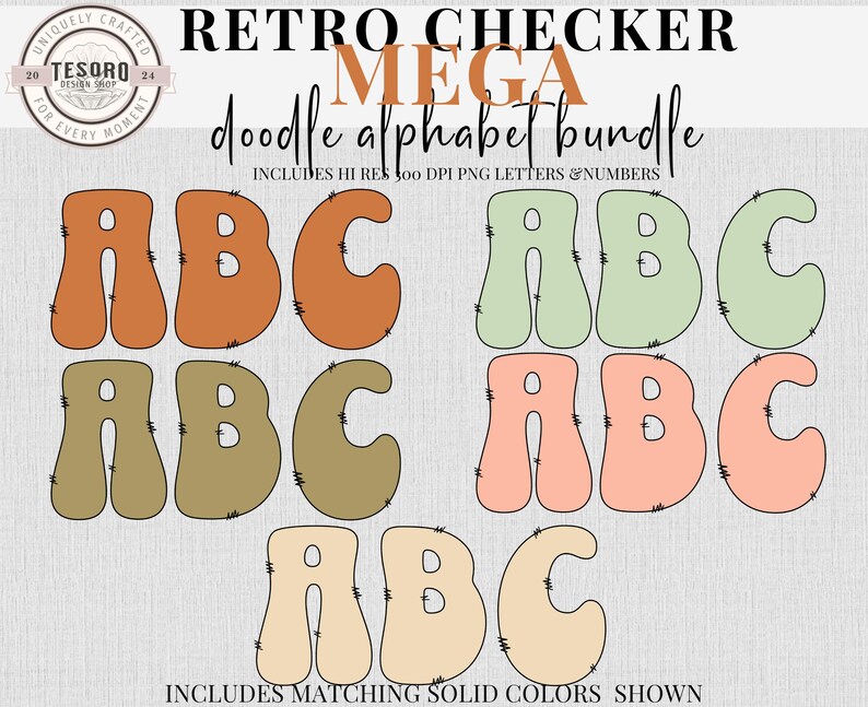 Retro Boho Checker Doodle Alphabet PNG |groovy 70s Retro Clipart Floral ...