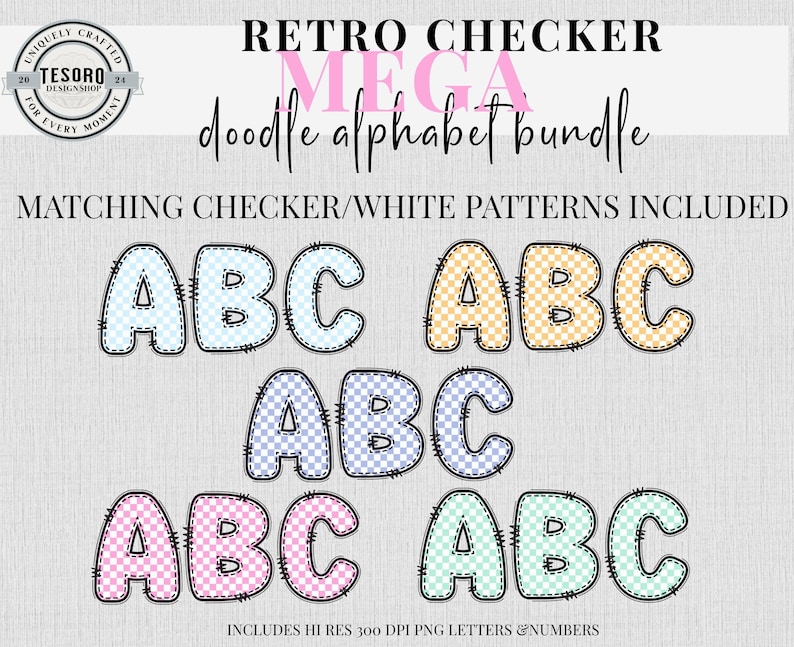 Checker Doodle Alphabet Retro Clipart PNG |checkerboard Doodle Alpha ...