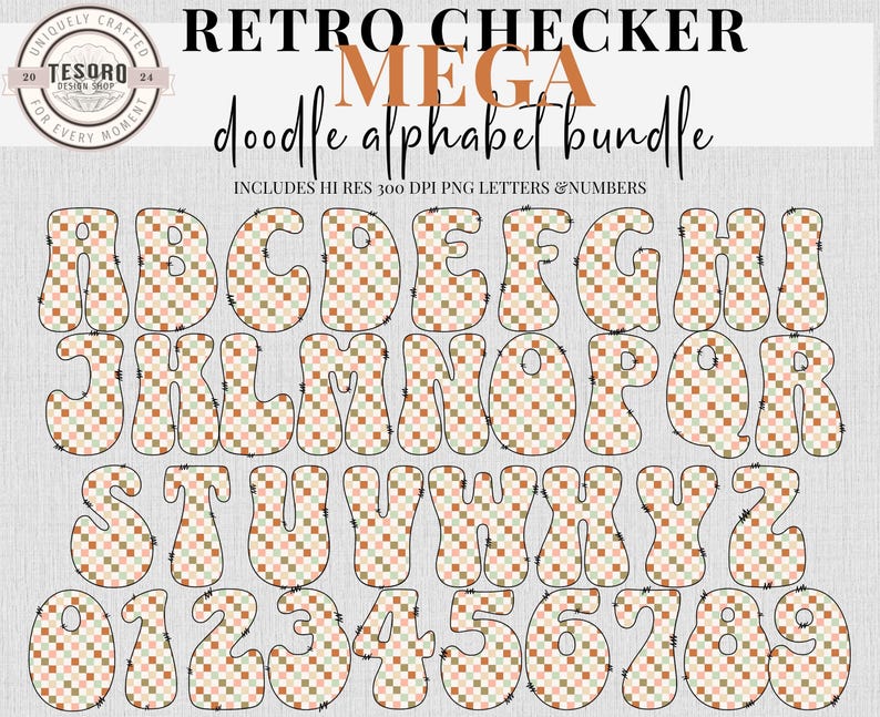 Retro Boho Checker Doodle Alphabet PNG |groovy 70s Retro Clipart Floral ...