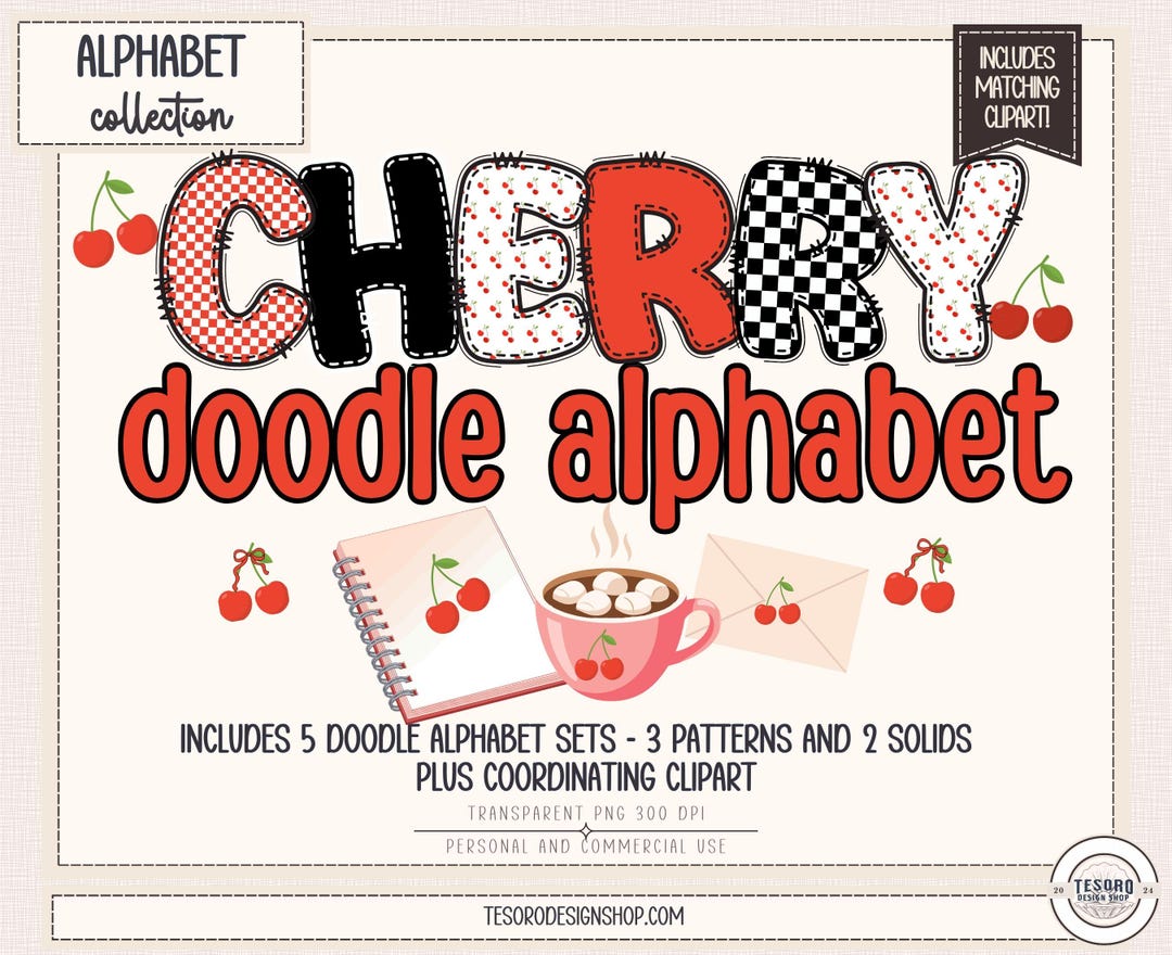 Cherry Alphabet Clip Art Bundle |checker Doodle Letters PNG |retro ...