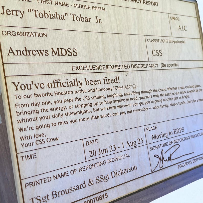 Air Force Going Away Gift PCS Separation Plaque for Coworker Airman Nco ...