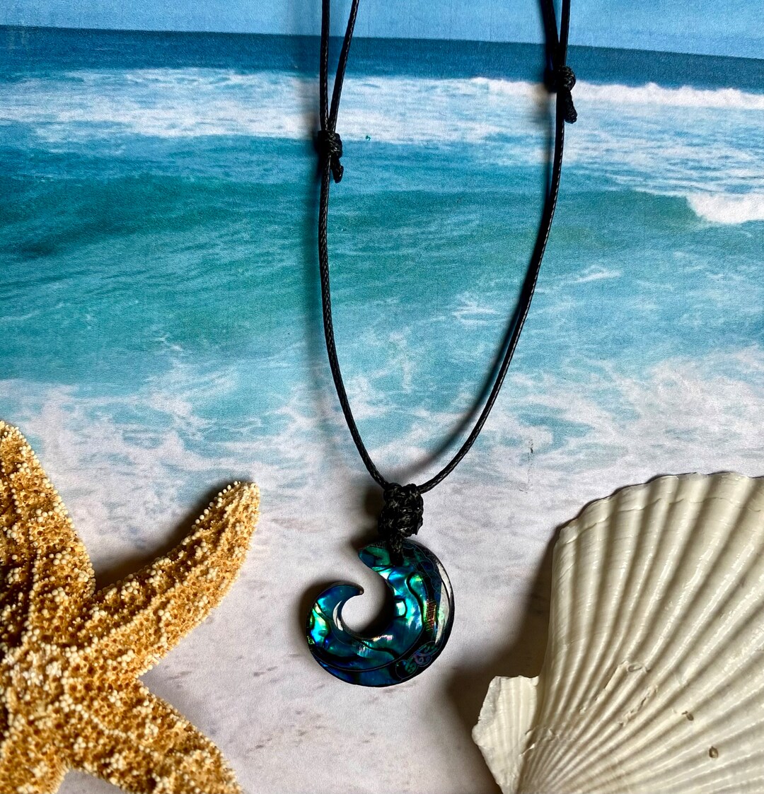 Koru. Paua, Blue Abalone, Maori Koru Spiral Wave Pendant Choker. Shiny ...