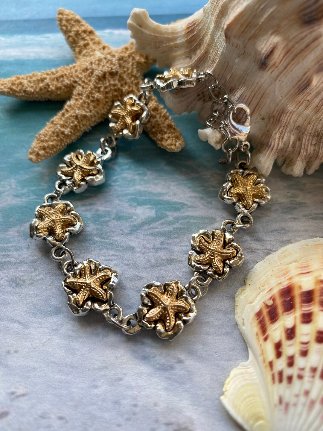 Chain of Starfish Bracelet. Silver Plated Gold Starfish Are - Etsy