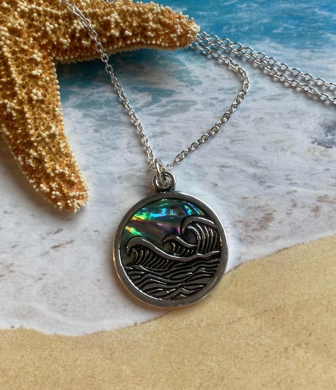 Wave Surf Pendant W Abalone Necklace - Silver Plated. Siver Chain or ...