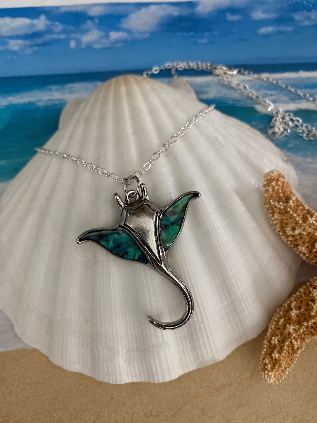 Teal Stone Manta Ray Necklace: Silver Plated Chain - Etsy