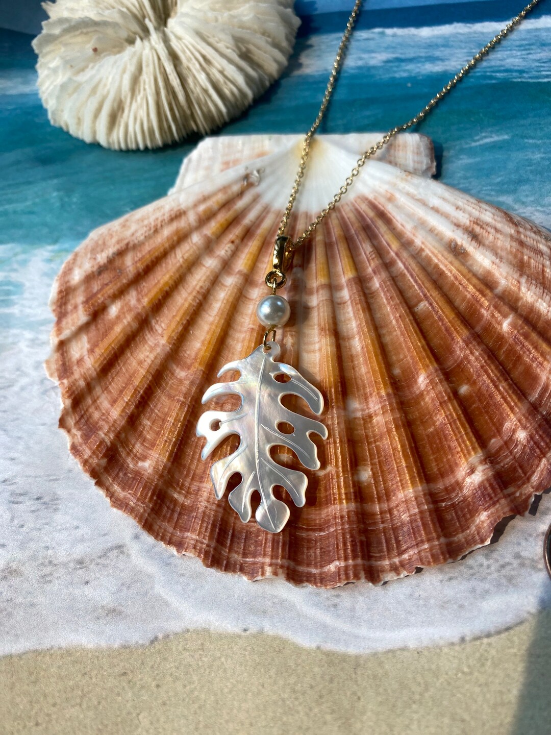 Aloha Monstera Leaf White Mother of Pearl,with a Pearl, Dangles From ...