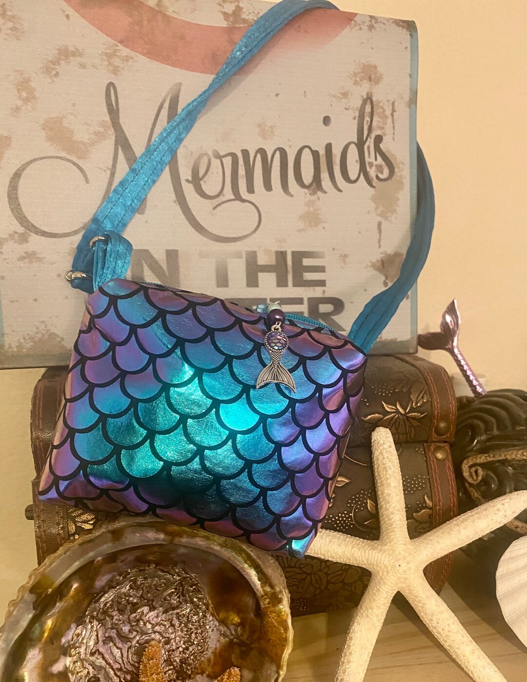 Mermaid Scale Zip Purse, Turquoise Shimmery Fabric, Adjustable Strap - Etsy