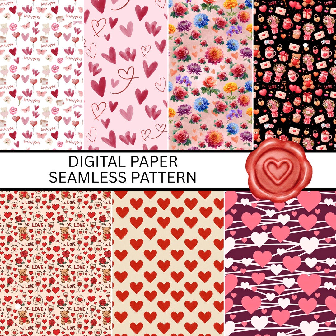Seamless Valentine’s Day Digital Papers | Love Hearts Patterns ...