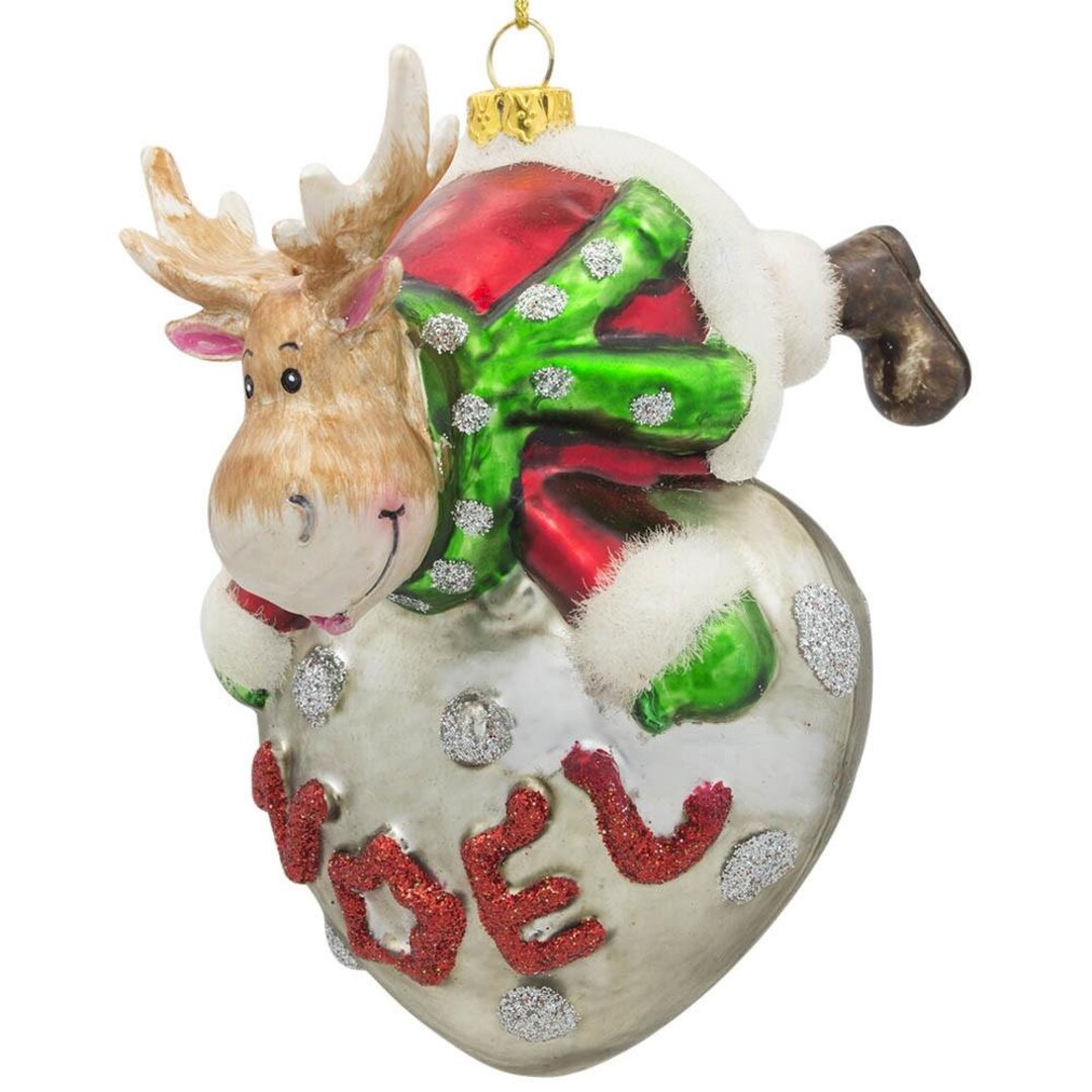 Festive Noel Reindeer in Heart Shape Unique Blown Glass Christmas ...