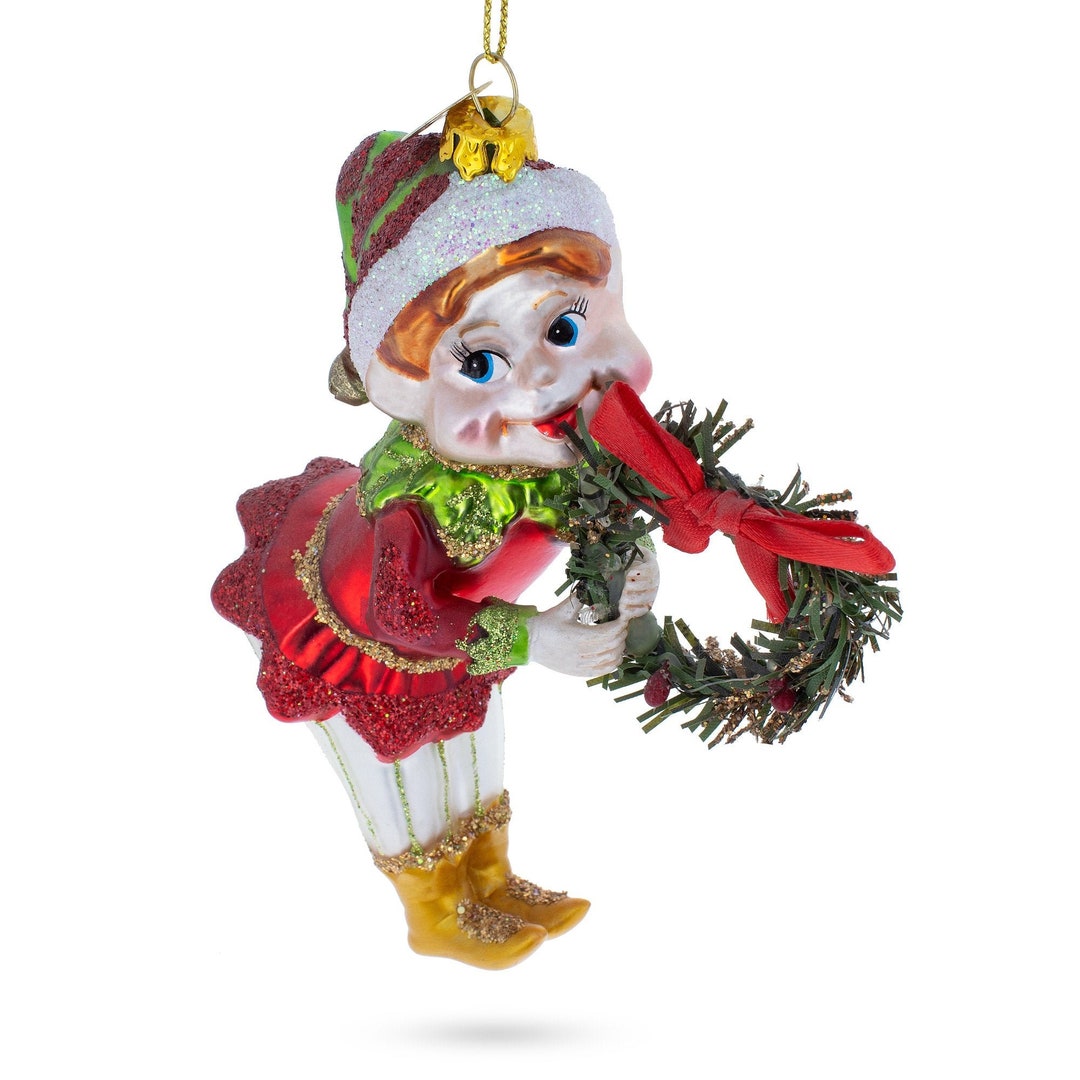 Merry Elf With Wreath Blown Glass Christmas Ornament - Etsy