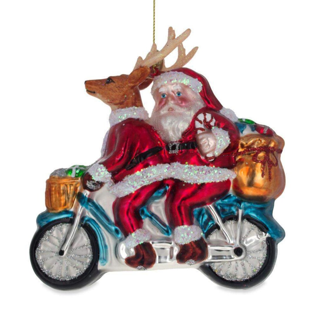 Joyful Santa and Reindeer Riding a Tandem Bike Blown Glass Christmas ...