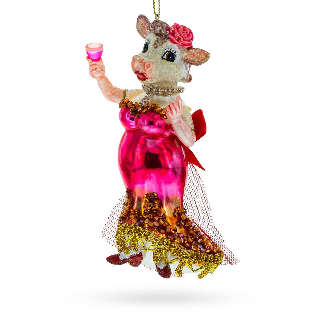 Pink-dressed Cow With Wine Glass Blown Glass Christmas Ornament - Etsy