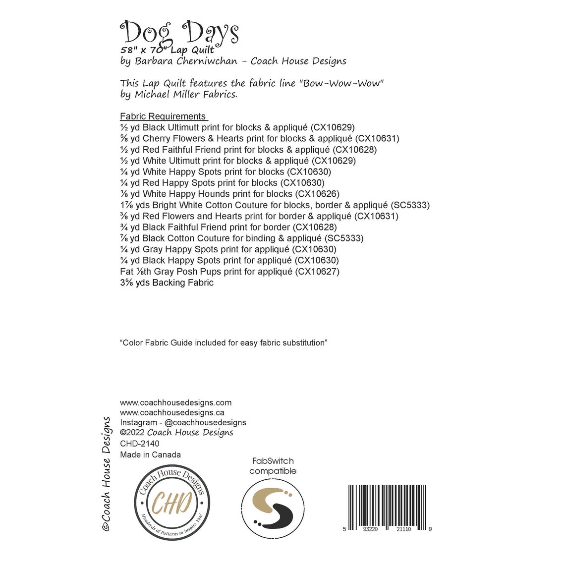 Dog Days Digital PDF Quilt Pattern by Coach House Designs - Etsy