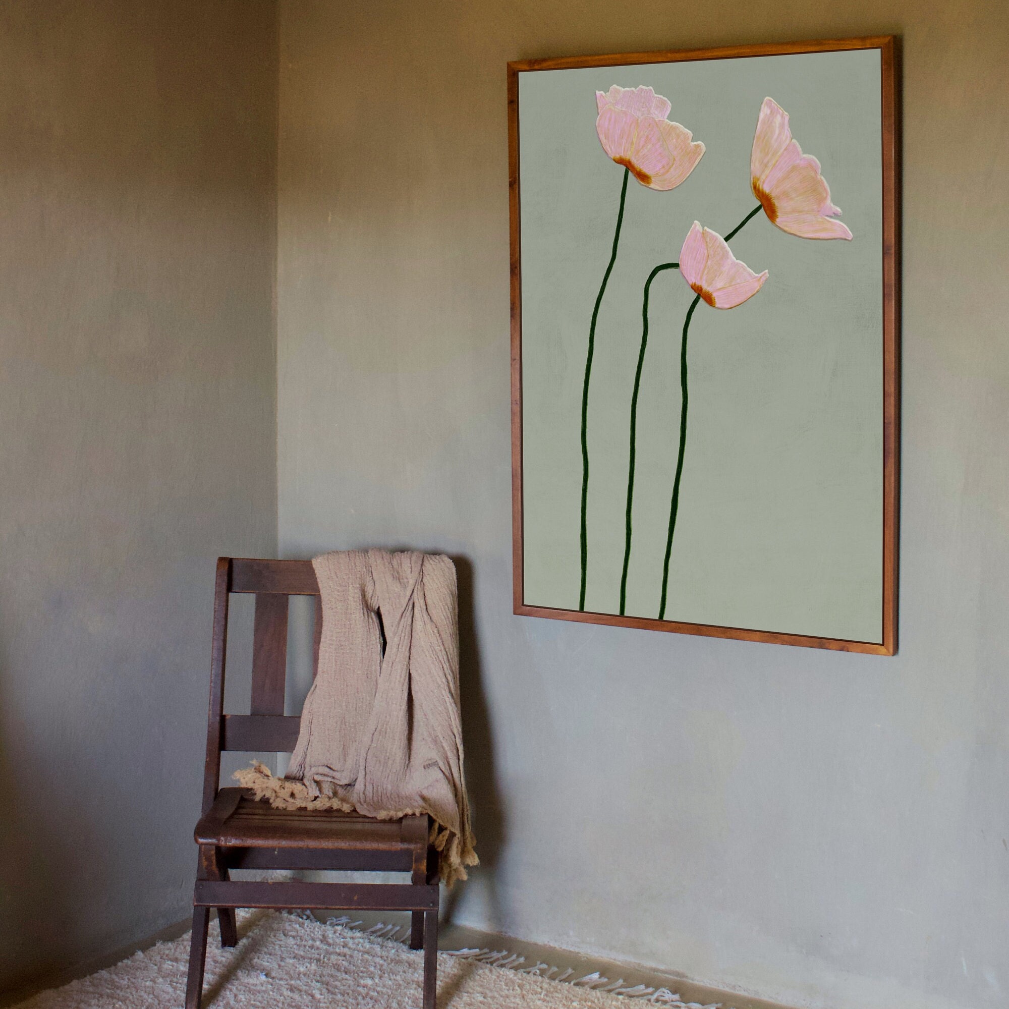 Poppies Printable Painting: Sage Green Pink Home Cottagecore Decor ...