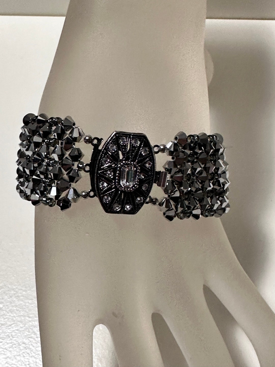 Genuine Crystal Bracelet, Cuff Bracelet, Black Bracelet, Hematite ...