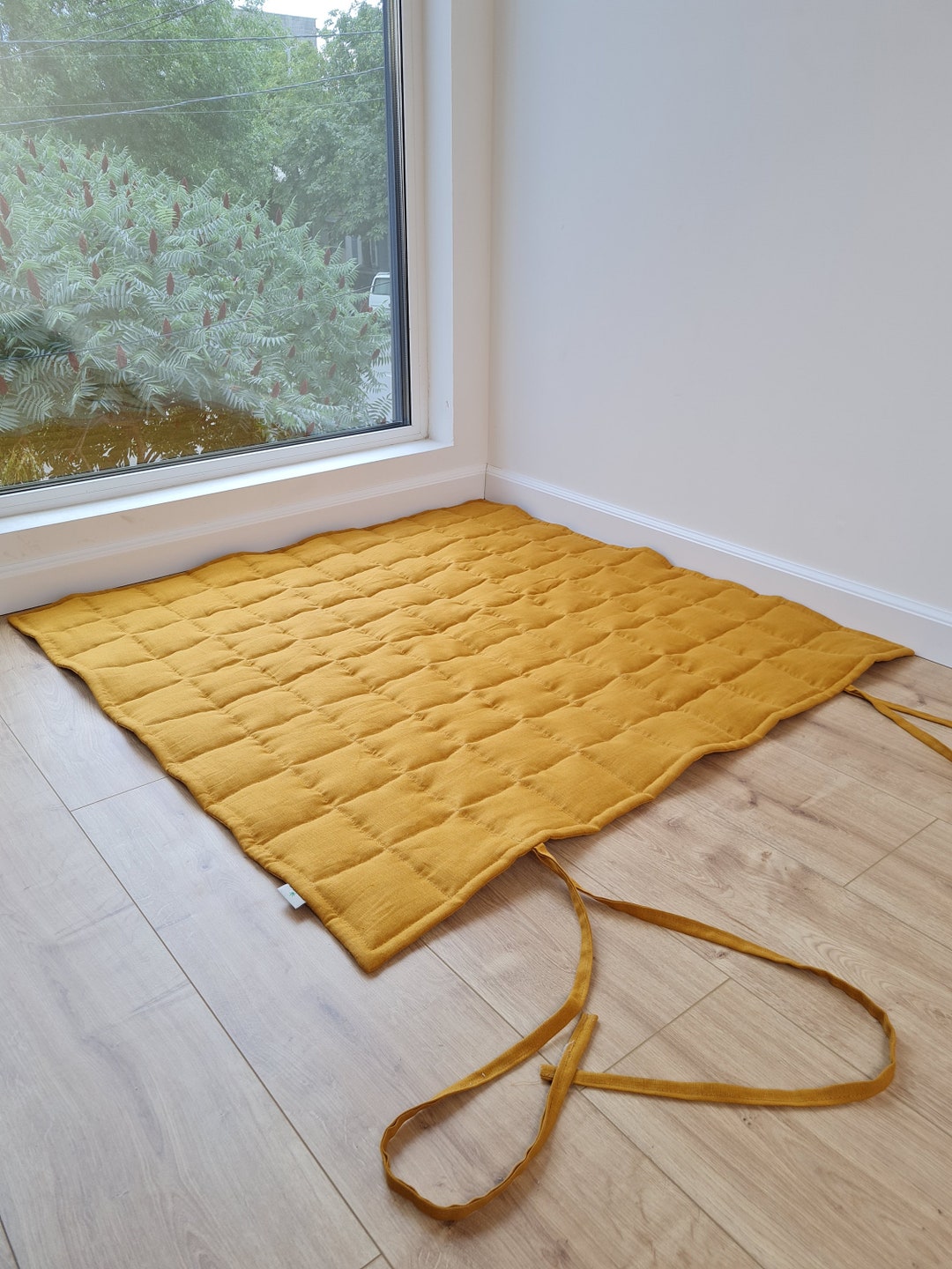 Organic Play Mat Filled HEMP Fiber Mustard / Gold Linen Fabric Blanky ...