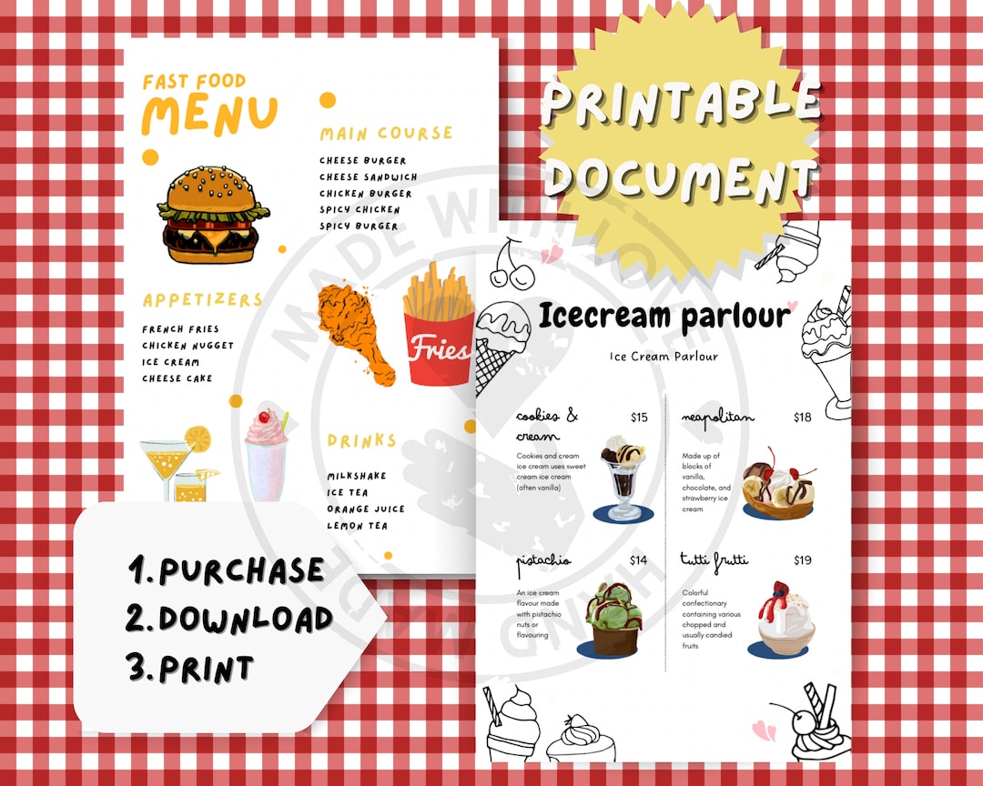 6 Pretend Play Diner Restaurant Cafe Menu, Preschool Pretend Play, Kids ...