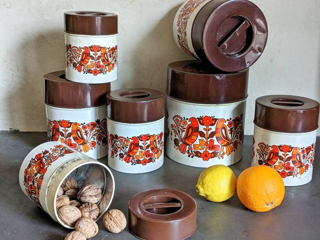 Rare Vintage Japanese Metal Canister Round Boxes 1970, Set of 7, Japan ...