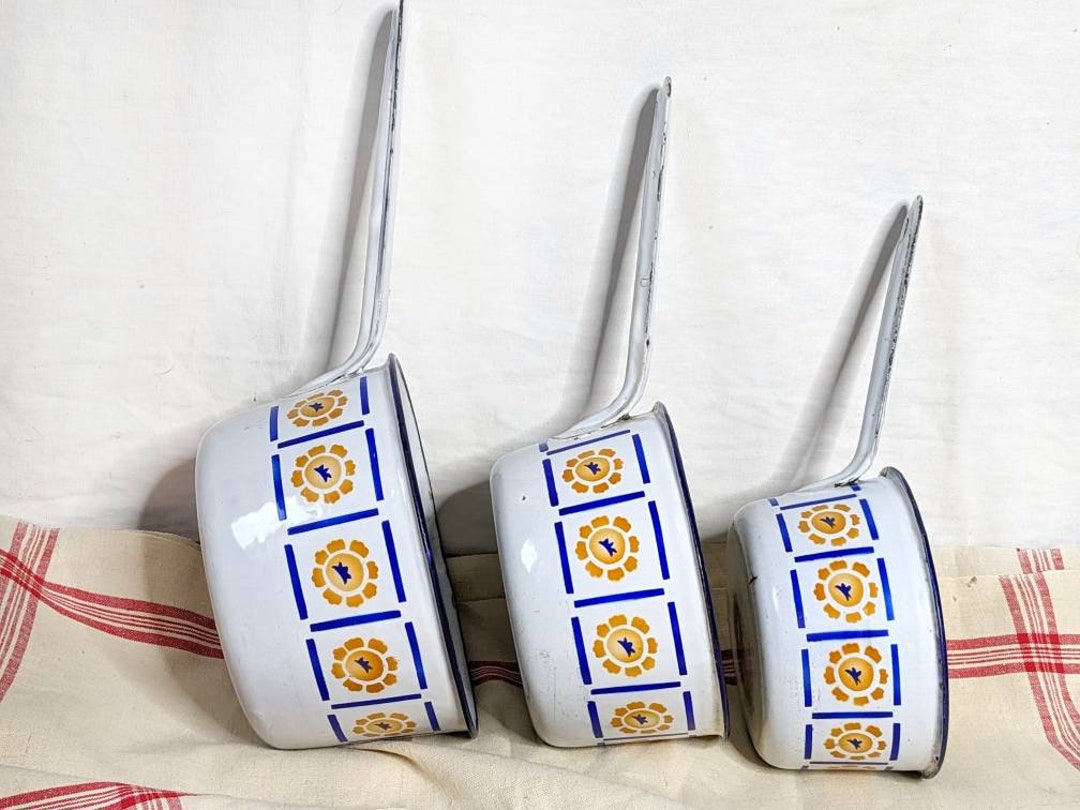 Vintage French ENAMEL Saucepan Kitchen Utensil, Enamelled Metal, Set of ...