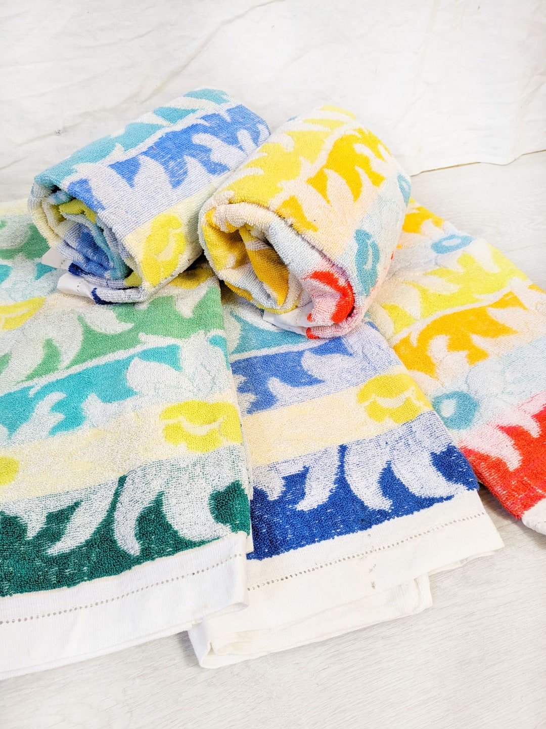 Set of 5 Vintage French Terry Towels 1970, Cotton Towels With Flower ...
