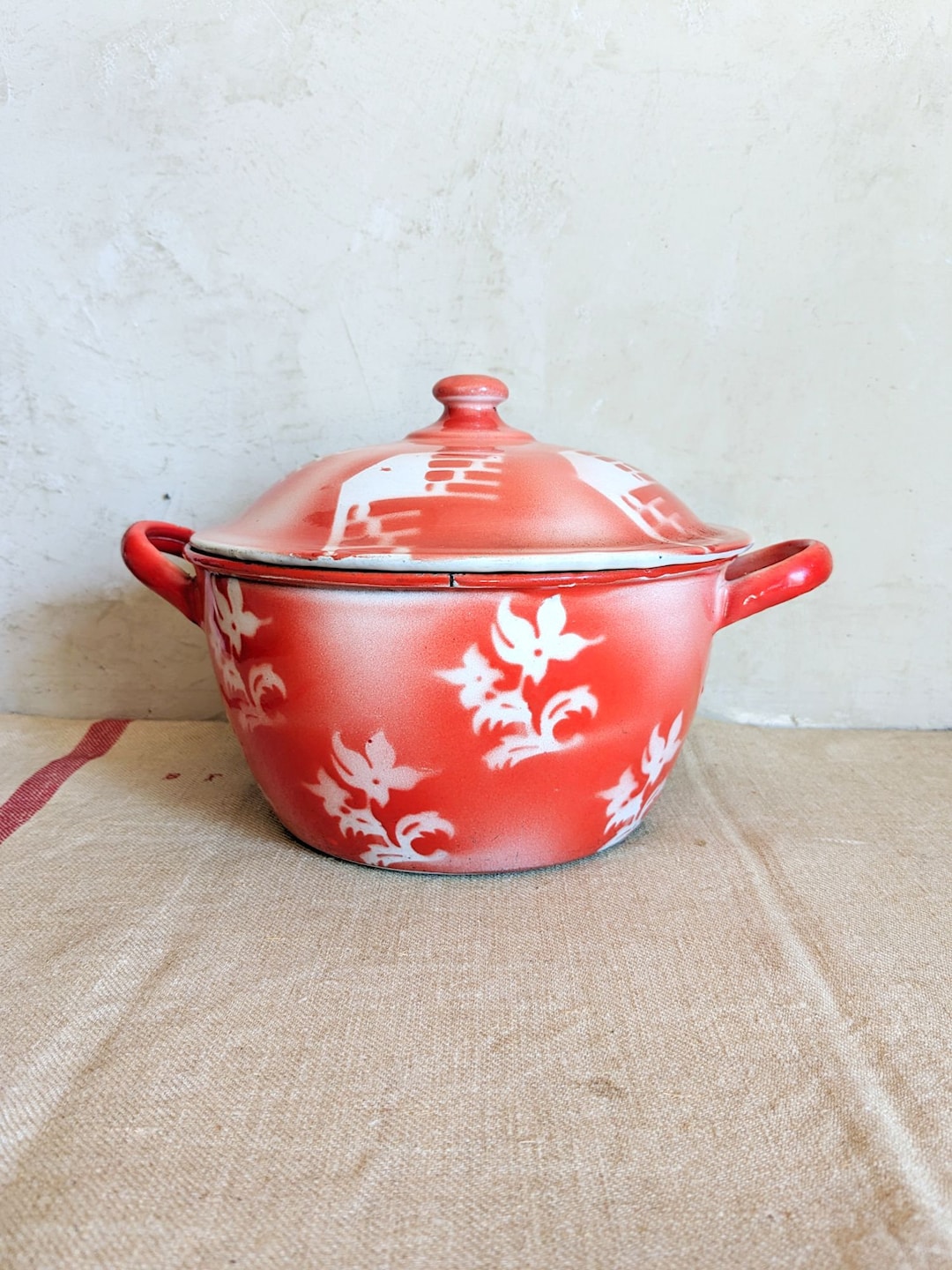 French Vintage Enamel Casserole Dish 1930, Enamel With Flower Patterns ...