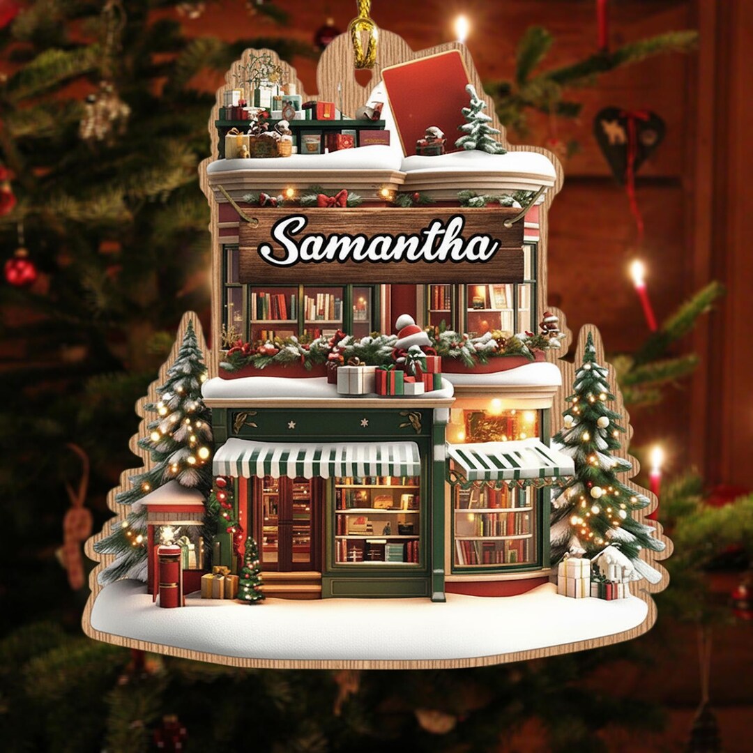 Custom Bookstore 2-layer Wooden Ornament, Custom Name Bookshop Ornament ...