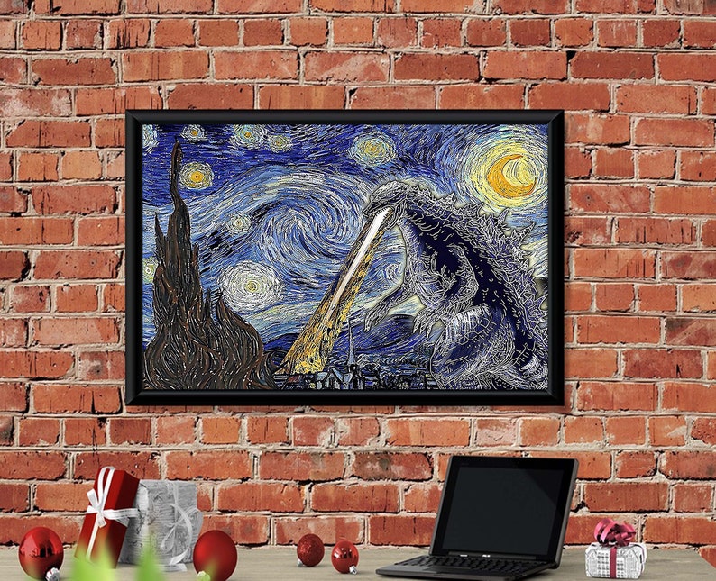 Unframed Godzilla Starry Night Horizontal Poster , Godzilla King of ...