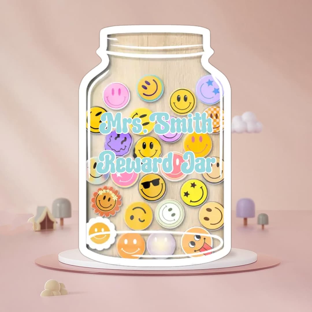 Personalized Reward Jar and Tokens, Retro Smile Face Jar Chore Chart ...